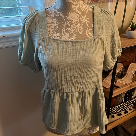 Tops | Sage Muslin Square Neck Muslin Puff Sleeve Babydoll Top | Poshmark